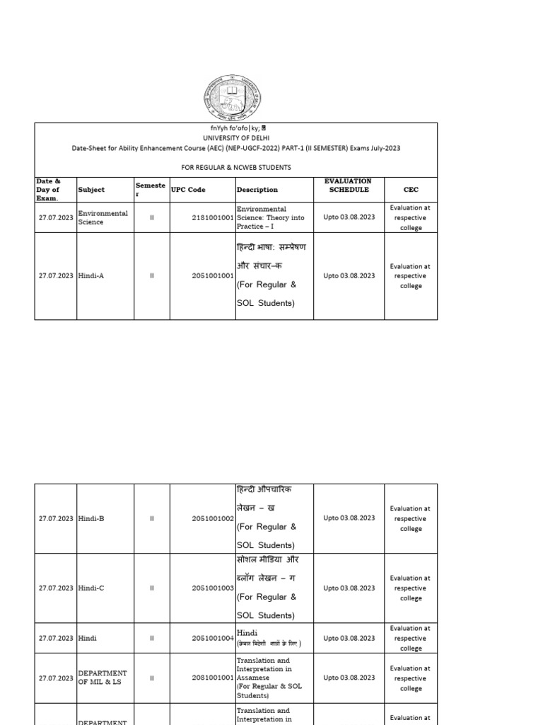 REGULAR & NCWEB Date-Sheet Ability Enchacement 23-Sem - II | PDF | Sanskrit | Languages