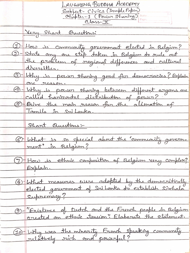 Class 10th Civics Chapter-1 (Power Sharing) Sample Paper | PDF