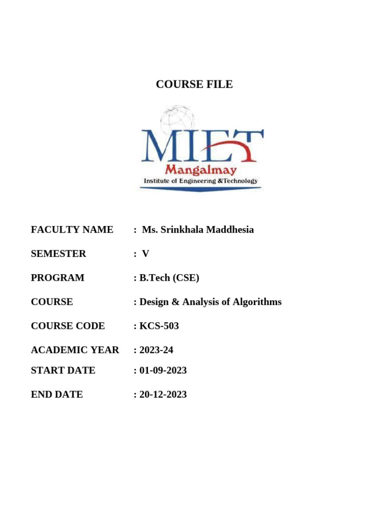 COURSE FILE DAA (CSE) Attainment | PDF | Time Complexity | Mathematical Relations