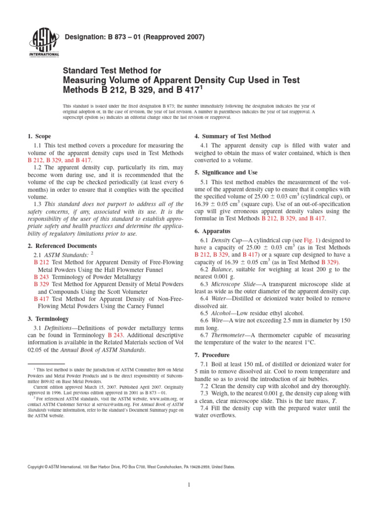 ASTM B873 | PDF | Density | Volume