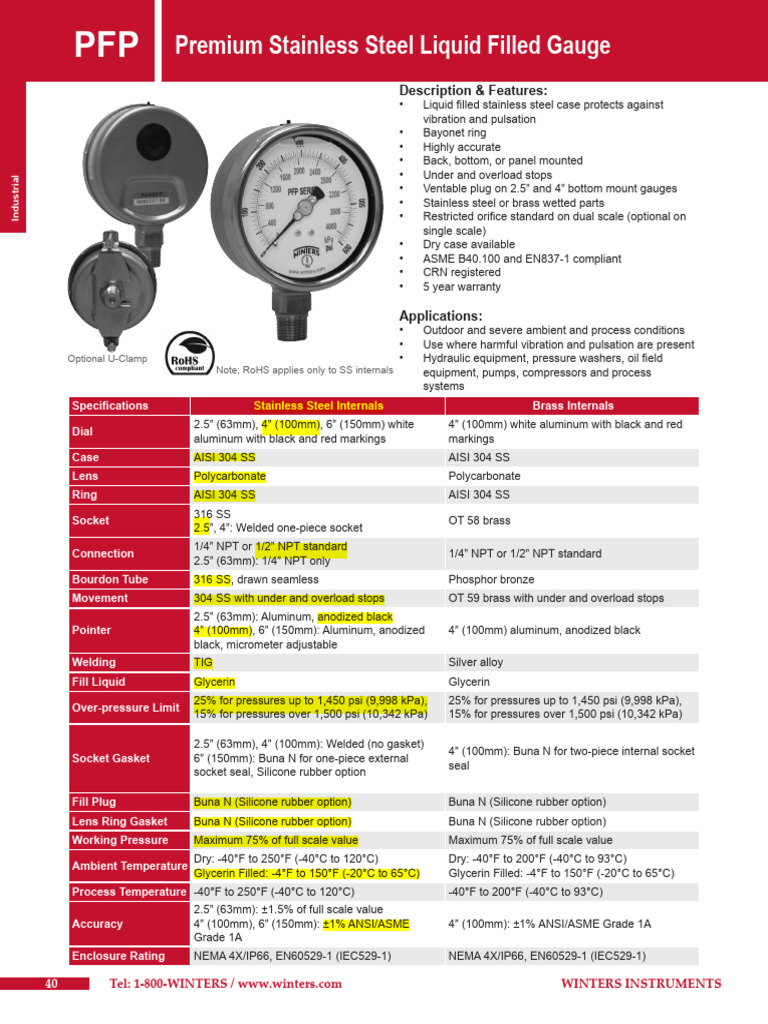 Winters Premium Pressure Gauge Data Sheet | PDF | Pressure | Materials