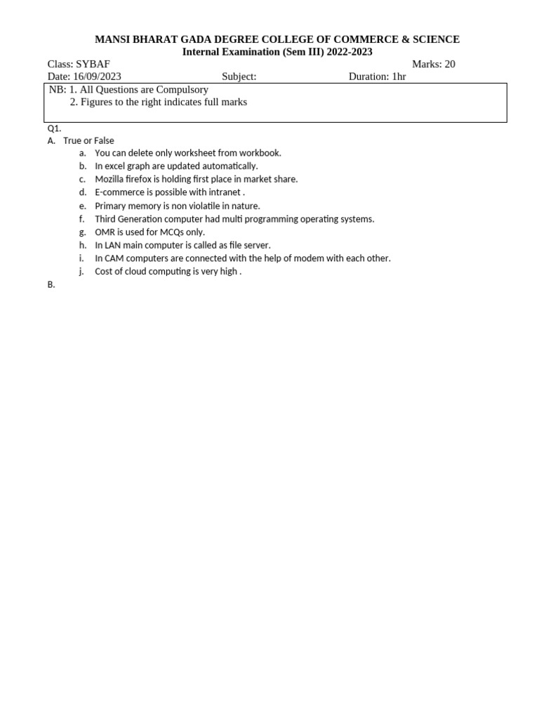 Question Paper Format For Degree College | PDF