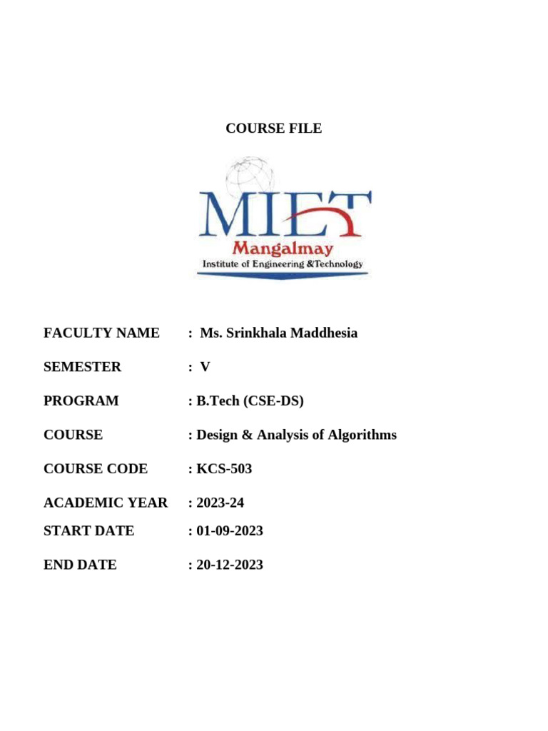 COURSE FILE DAA( DS) Attainment | PDF | Time Complexity | Computer Programming