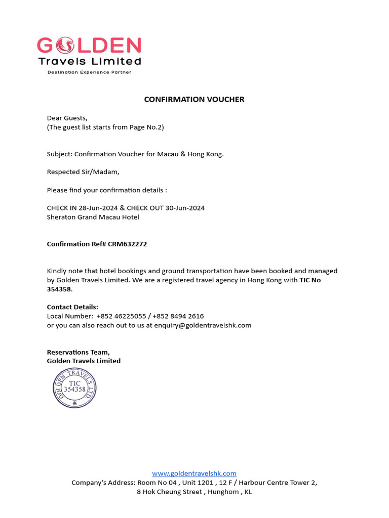 Confirmation Voucher for Macau Trip | PDF