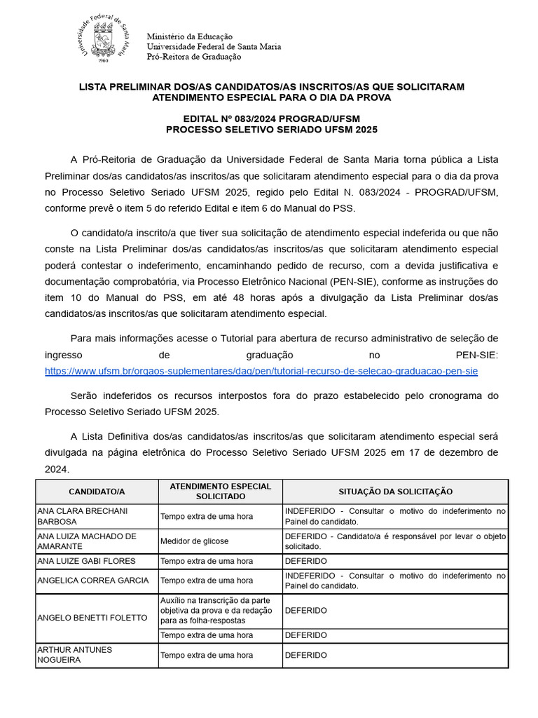 Seriado 2025 Listagem Preliminar Atendimento Especializados | PDF | Academia | Estágios educacionais