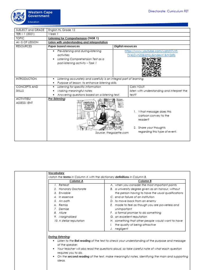 English HL Grade 12 Listening Skills | PDF | Linguistics