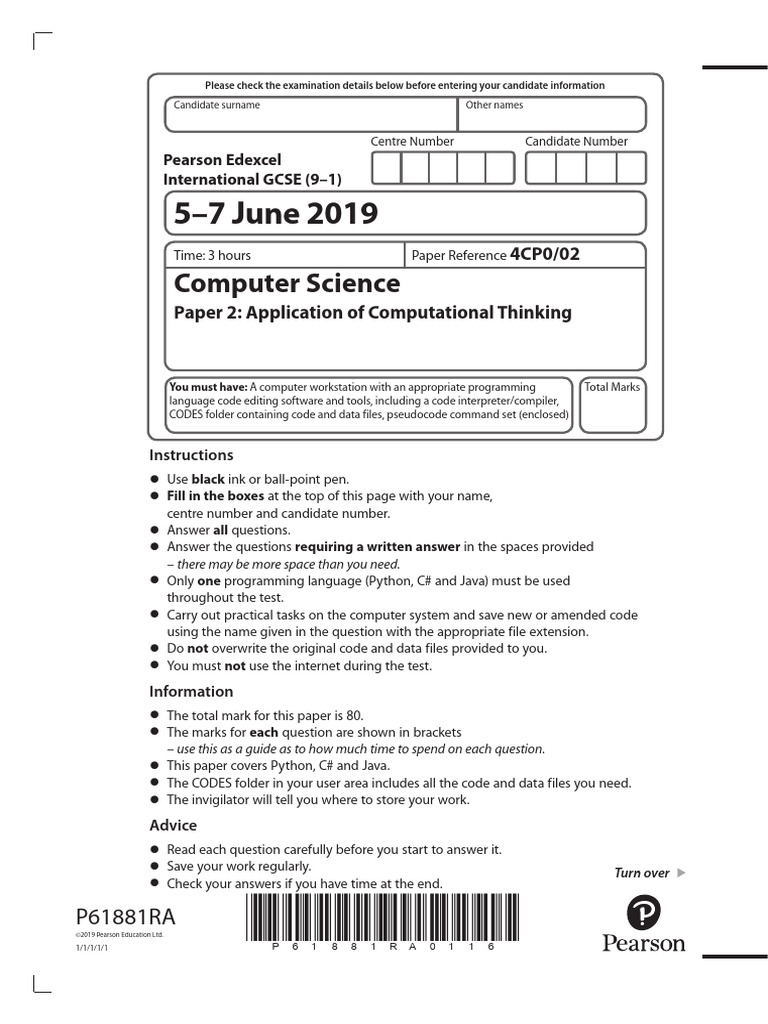June 2019 QP - Paper 2 Edexcel Computer Science IGCSE | PDF | Computer Programming | Computer File