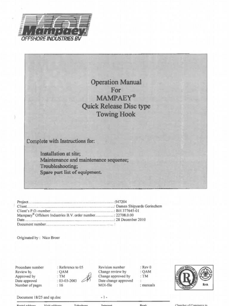 Mampaey Disc Type Towing Hook Maintenance Instruction Manal | PDF