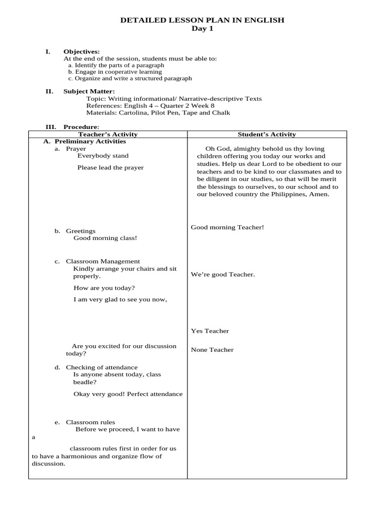 Detailed Lesson Plan Day 1 4 | PDF | Teachers | Lesson Plan