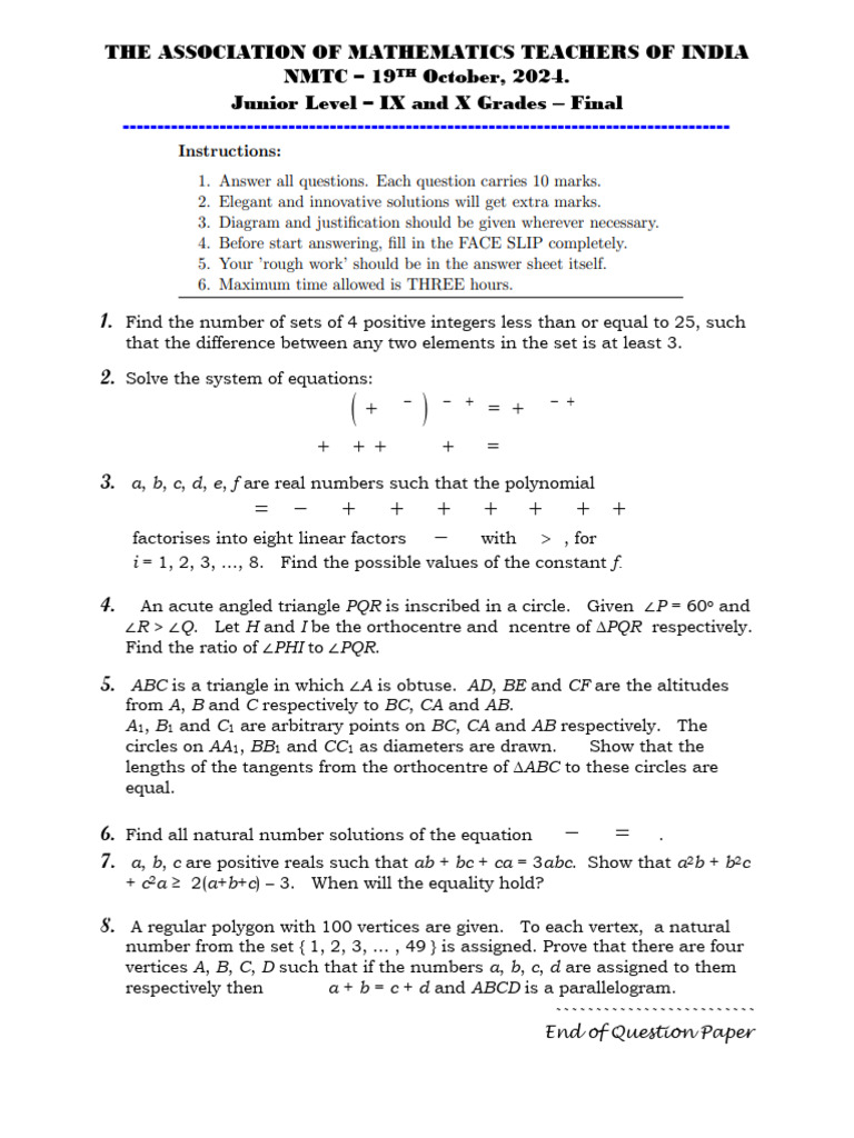 Junior FInal Question Paper-2024 | PDF
