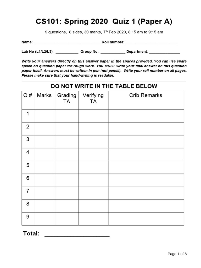 spring_Quiz_1 | PDF | Computing | Computer Programming