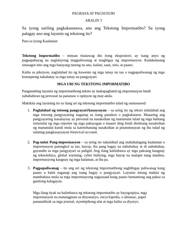 PAGBASA-AT-PAGSUSURI-Impormatibo-Aralin-3 | PDF