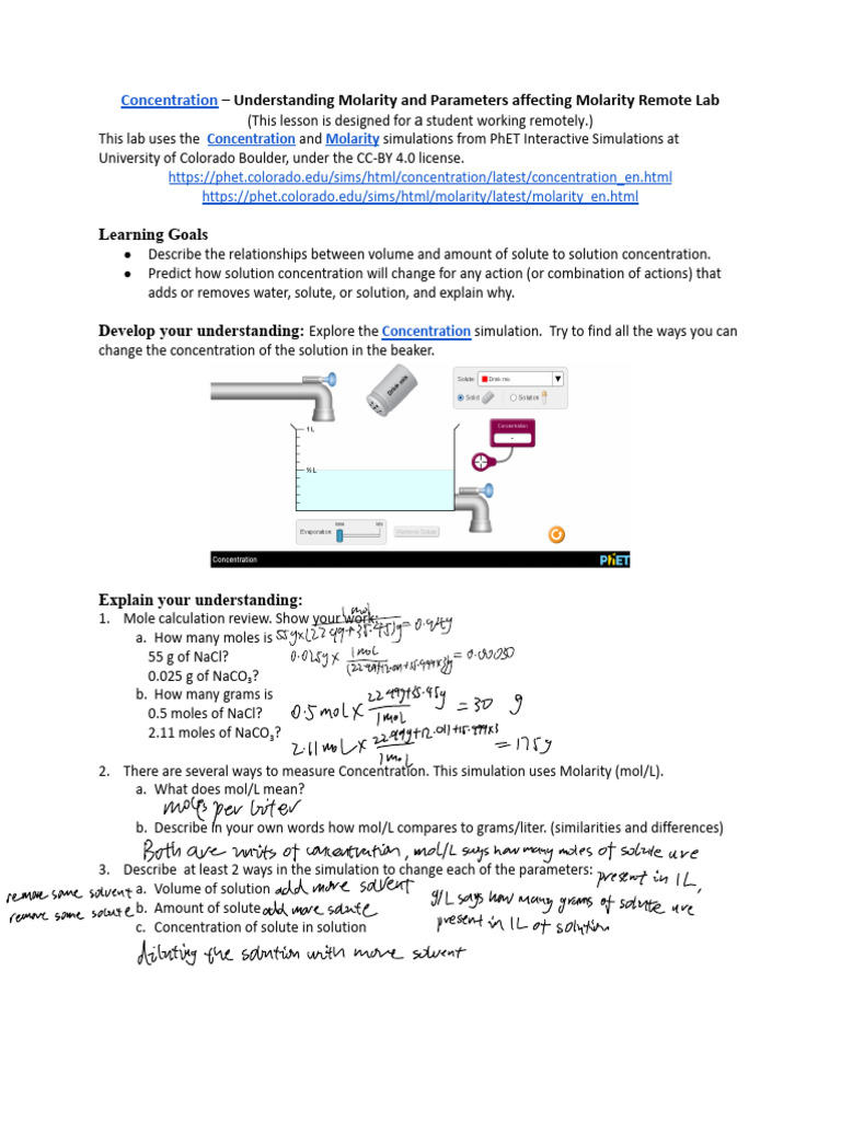 Concentration and Molarity PhET | PDF | Concentration | Molar Concentration