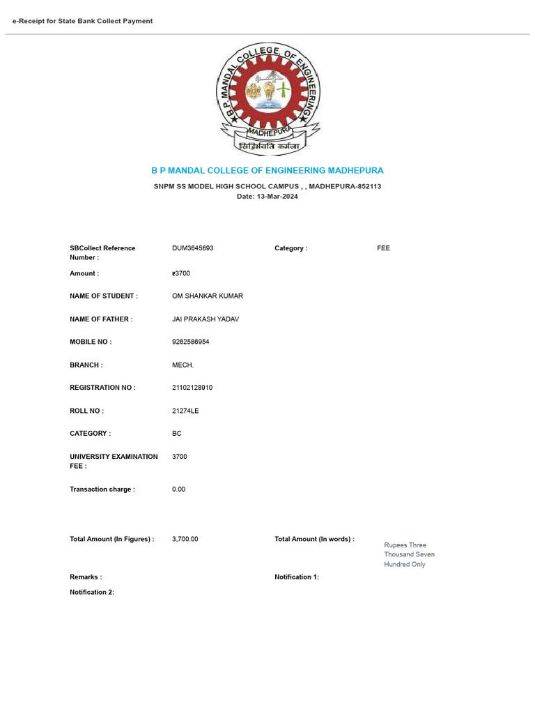 Student Fee Payment Receipt | PDF