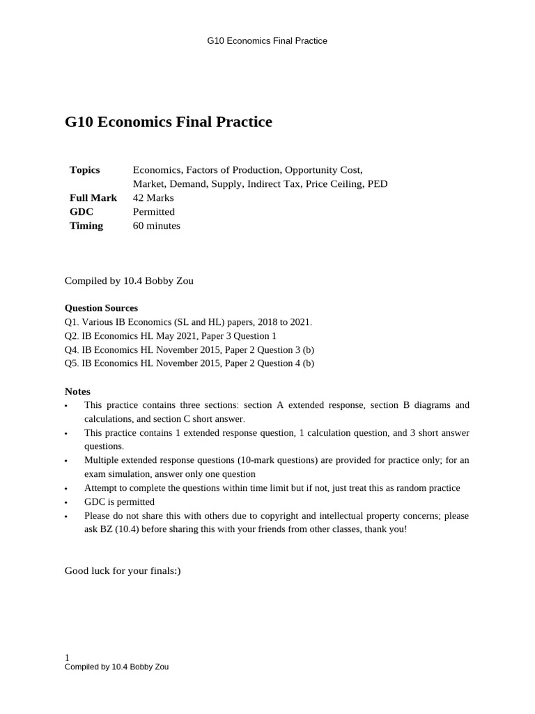 G10 Economics Final Practice | PDF | Elasticity (Economics) | Demand