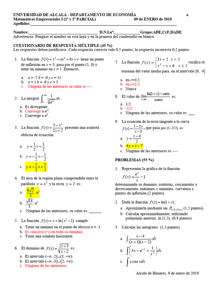 EX Mat I Enero 19 (1º y 2º Parcial) Sol | PDF | Asíntota | Línea (geometría)