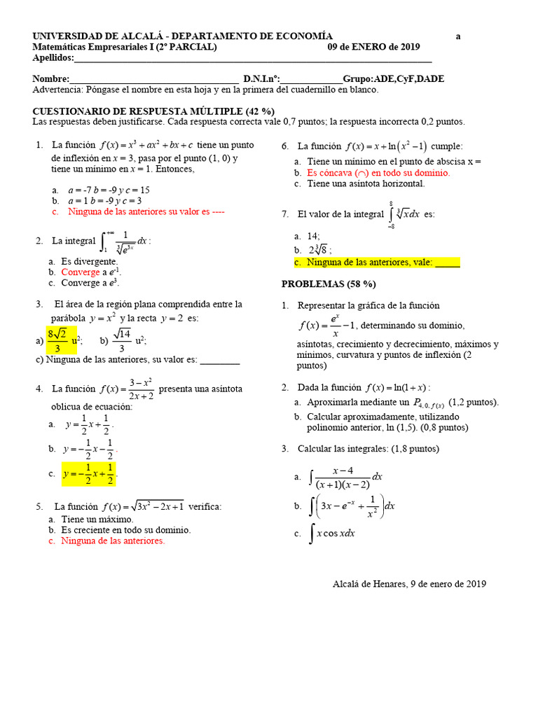 EX Mat I Enero 19 (2º Parcial) Sol | PDF | Asíntota | Matemática Elemental