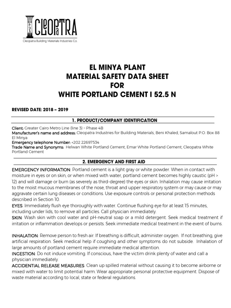 Cleo - MSDS - White Portland Cement I 52.5 N | PDF | Silicon Dioxide ...