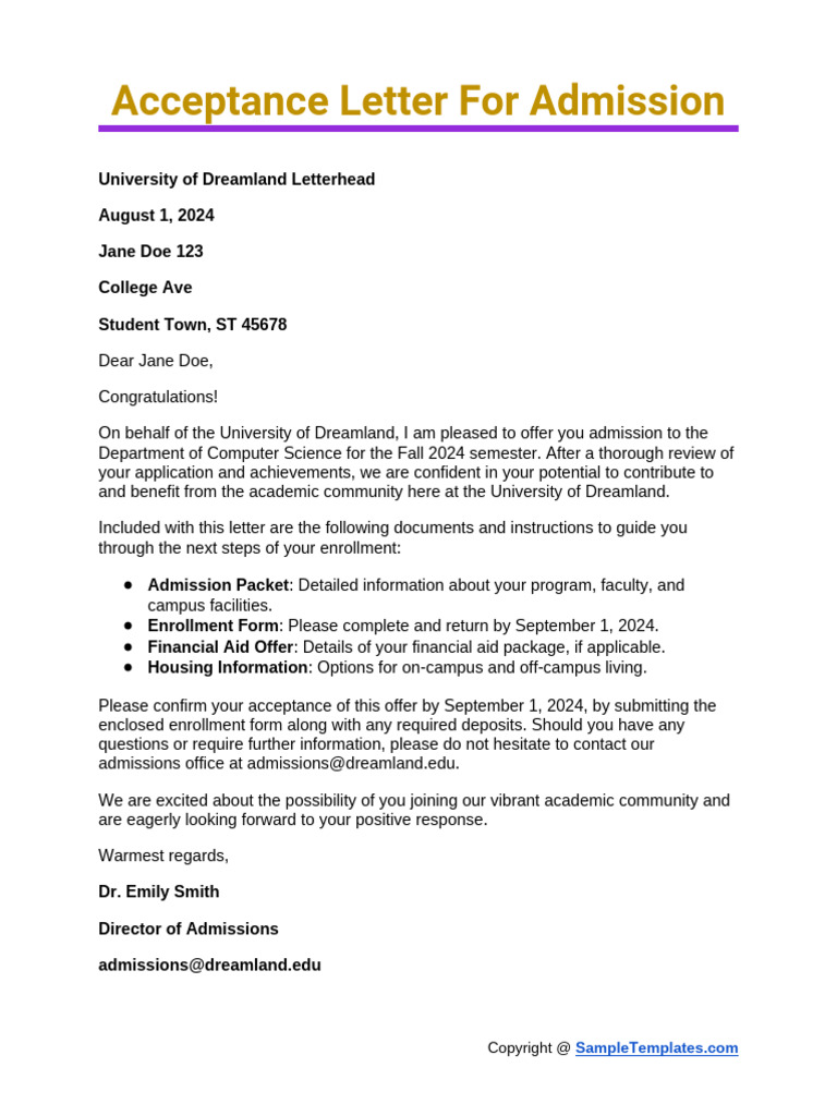 UMD Admission Acceptance Letter | PDF