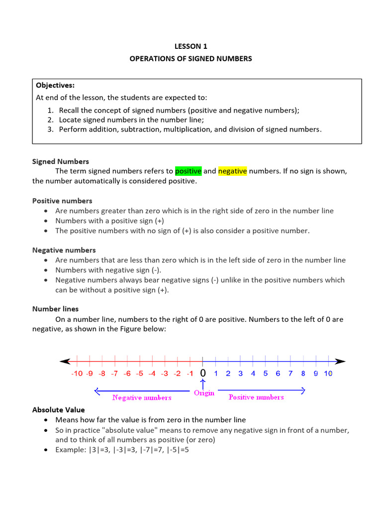 LESSON 1 - Operations of Signed Numbers | PDF | Numbers | Elementary Mathematics