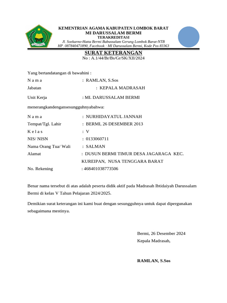 Surat Keterangan Siswa MI Darussalam Bermi | PDF