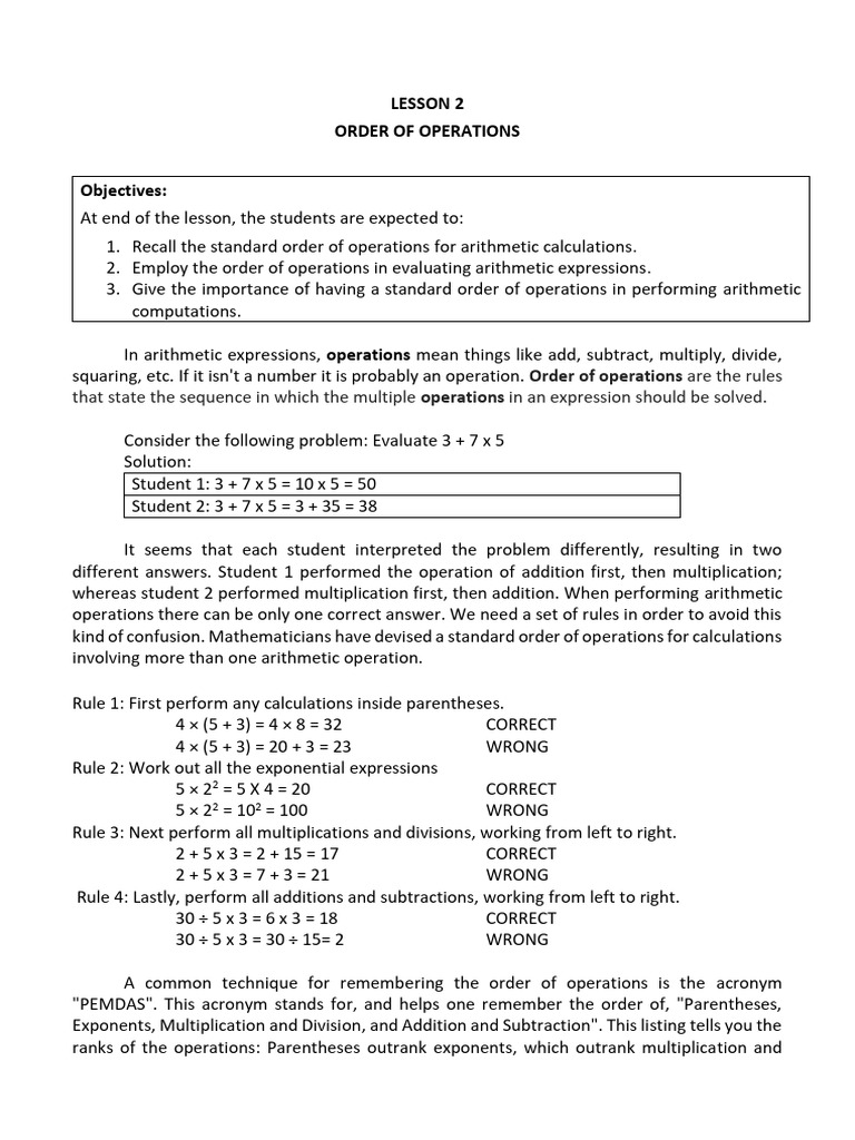LESSON 2 - Order of Operations | PDF | Arithmetic | Elementary Mathematics