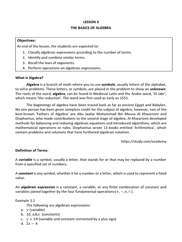 LESSON 3 - The Basics of Algebra 1 | PDF | Algebra | Polynomial
