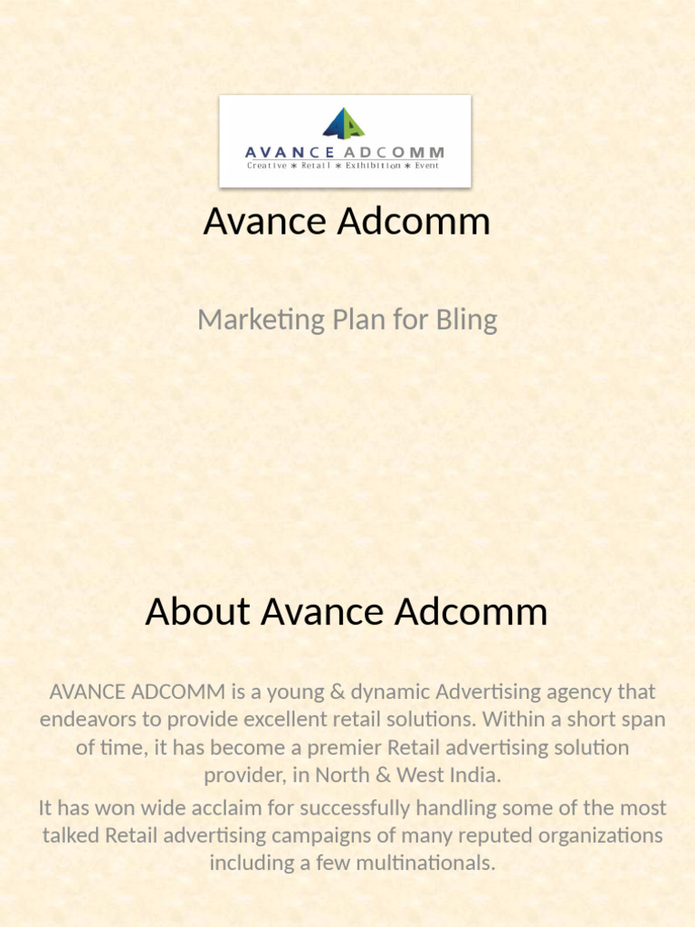 Marketing Plan For Blingg30 Avance Adcomm | PDF