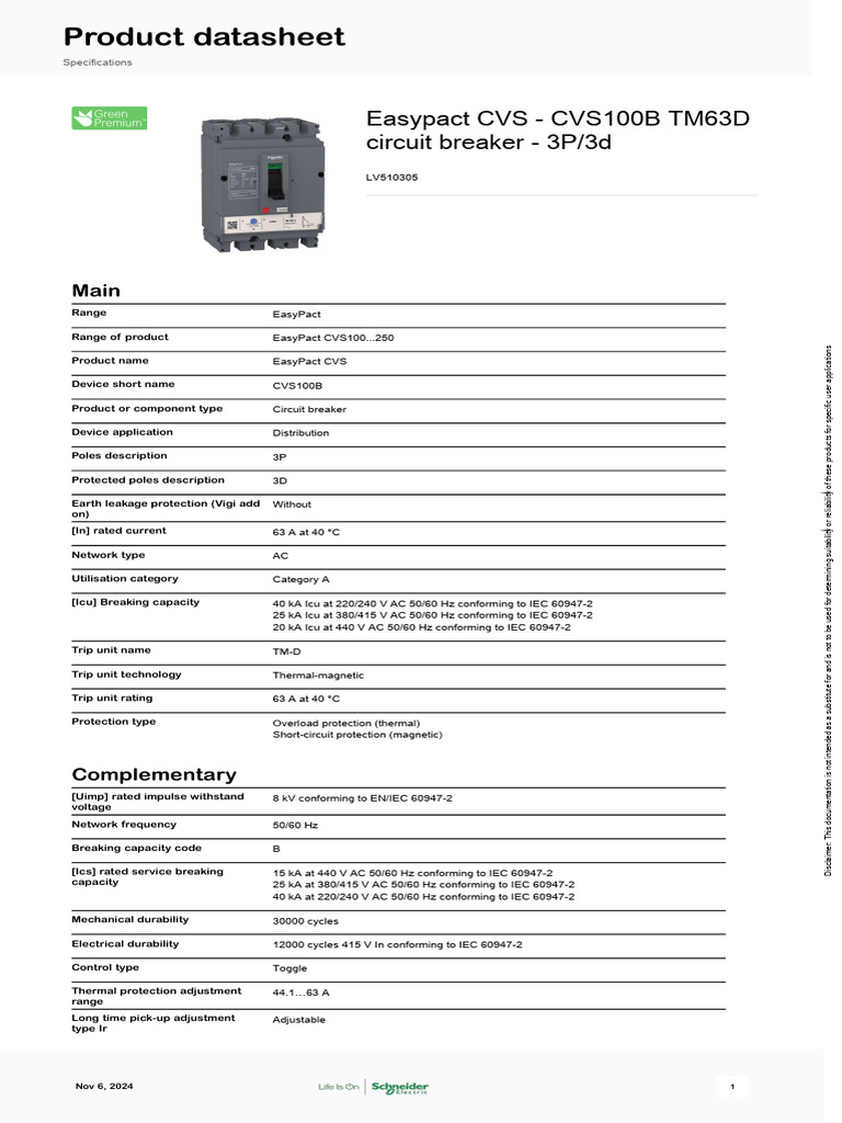 Schneider Electric - EasyPact-CVS-MCCB - LV510305 | PDF | Alternating ...