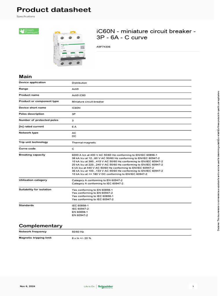 Schneider Electric MCB for Protection Acti9 IC60 A9F74306 | PDF ...