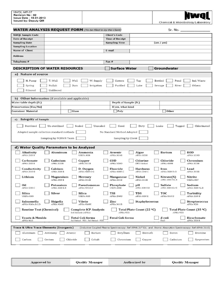Water Analysis Request Form | PDF
