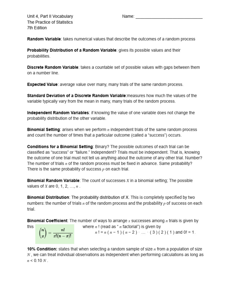 AP Stat Unit 4 Part II Vocab Probability | PDF | Probability ...