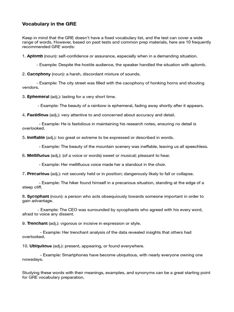 Essential GRE Vocabulary Words List | PDF | Adjective | Linguistic Typology