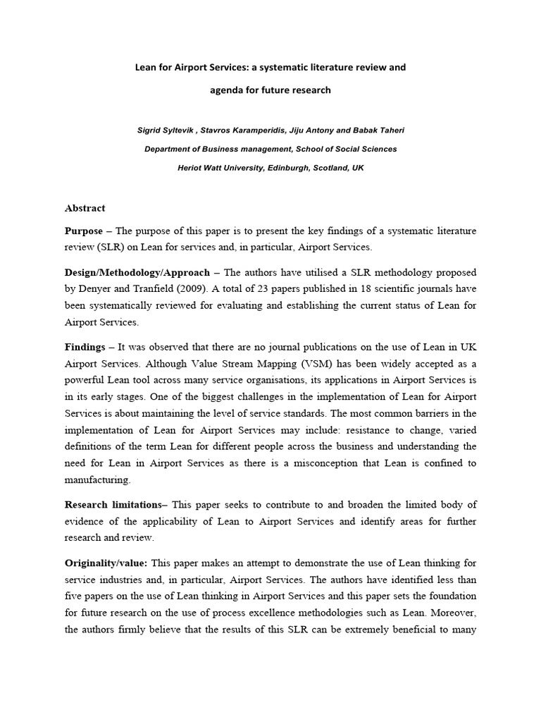 Lean for Airport Services IJQRM Revised Manuscript Final | PDF | Lean Manufacturing | Systematic ...
