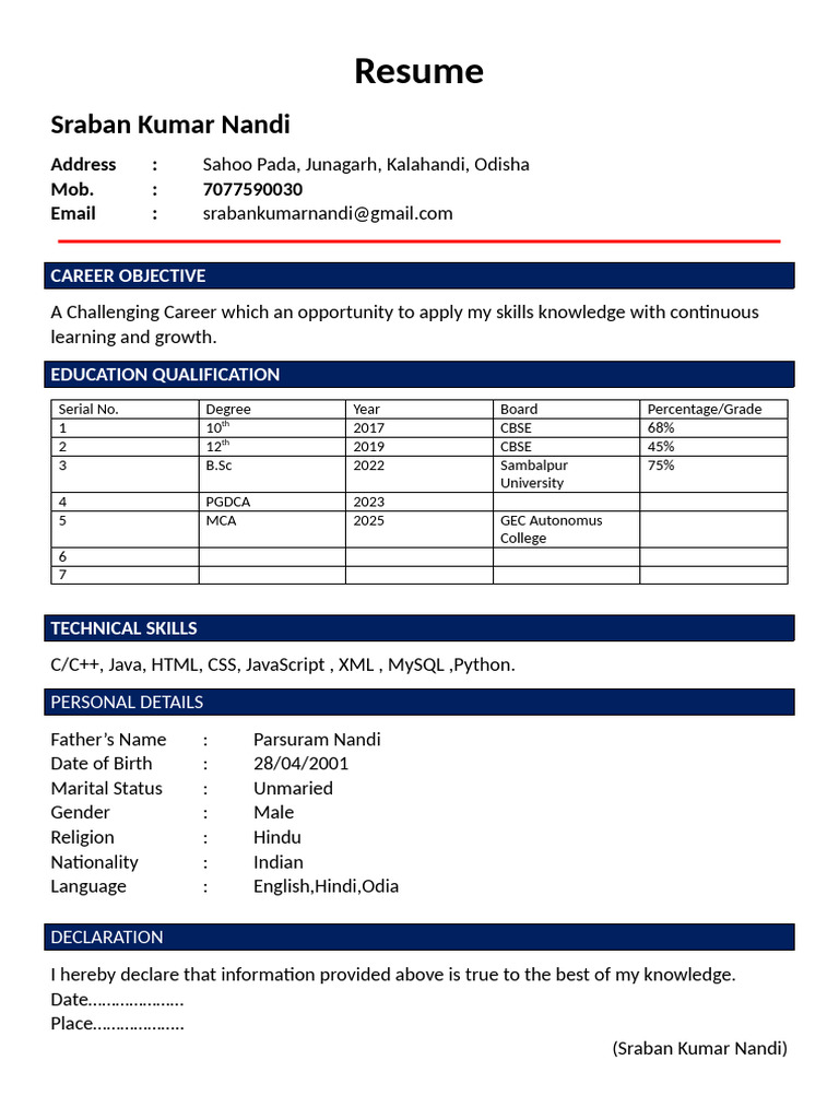 Resume: Sraban Kumar Nandi | PDF