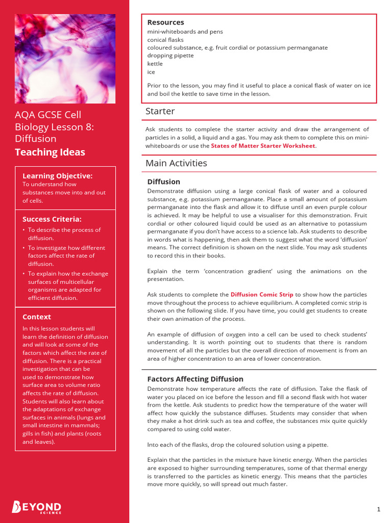 AQA Cell Biology Lesson 8 Diffusion Teaching Ideas | PDF | Diffusion ...