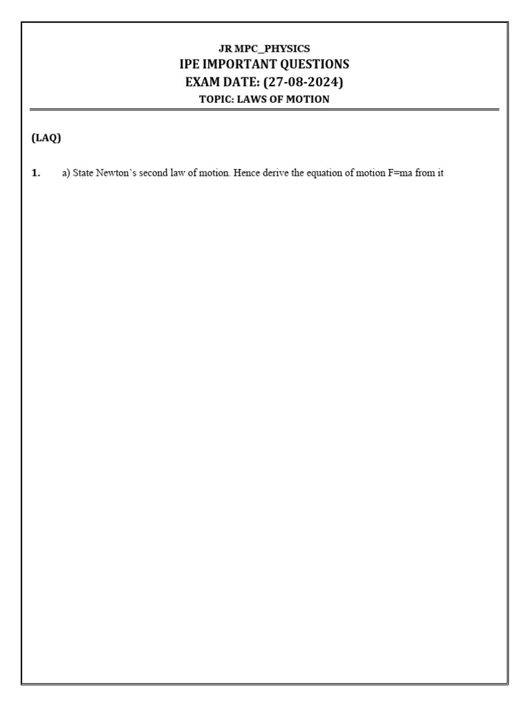 JR Physics Ipe Questions 27-08-2024 | PDF | Acceleration | Mechanics