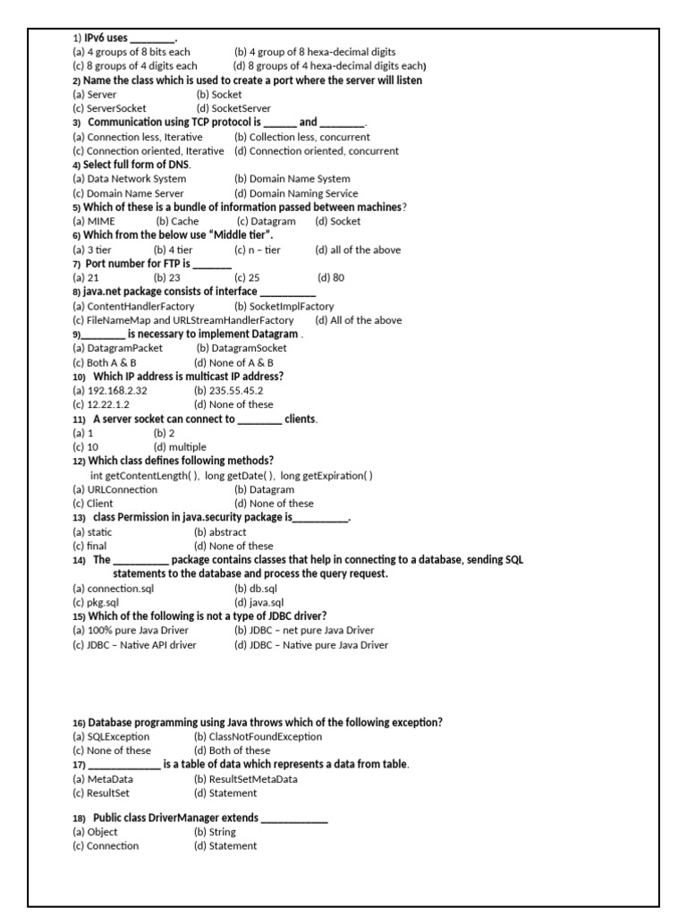 Java Networking and Database Concepts Quiz | PDF | Internet Protocol ...