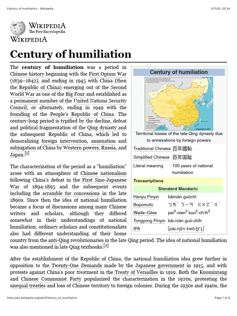 Century of humiliation - Wikipedia | PDF | China | World Politics