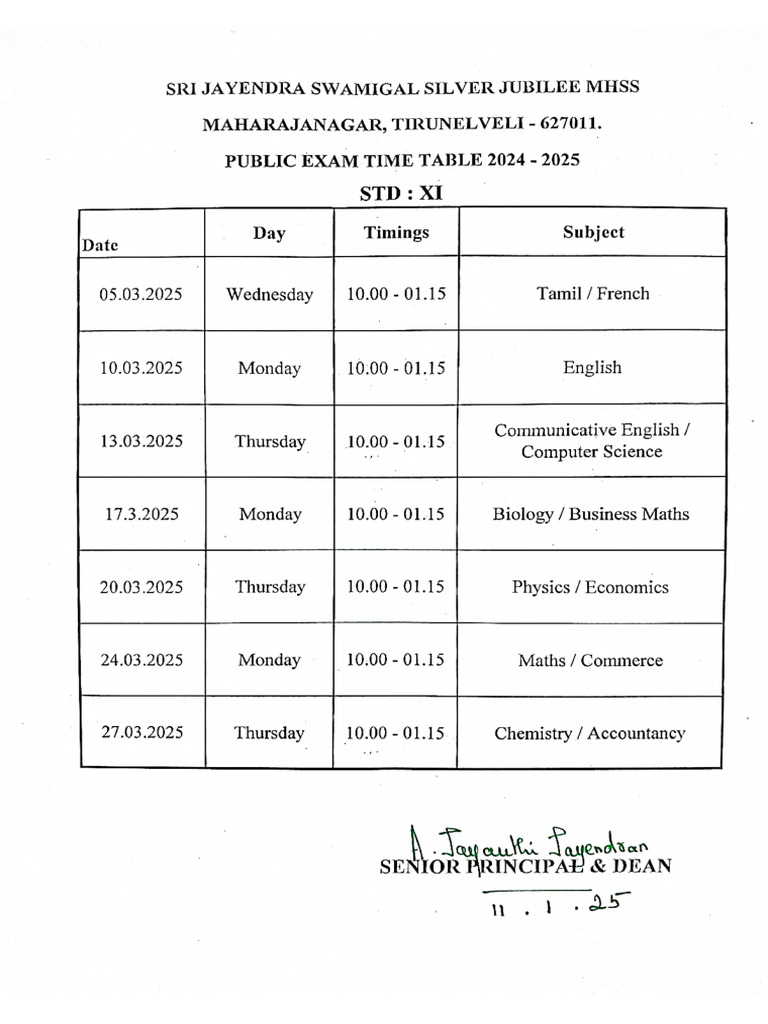 Class Xi Public Exam Schedule | PDF