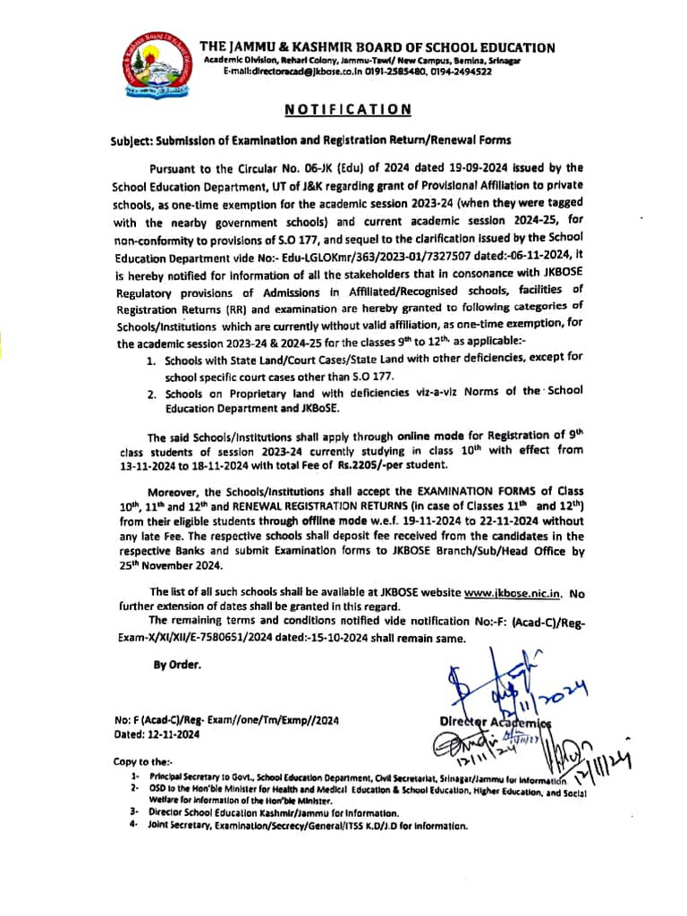 Notification Regarding Submission of Examination and Registration Return Renewal Forms For ...