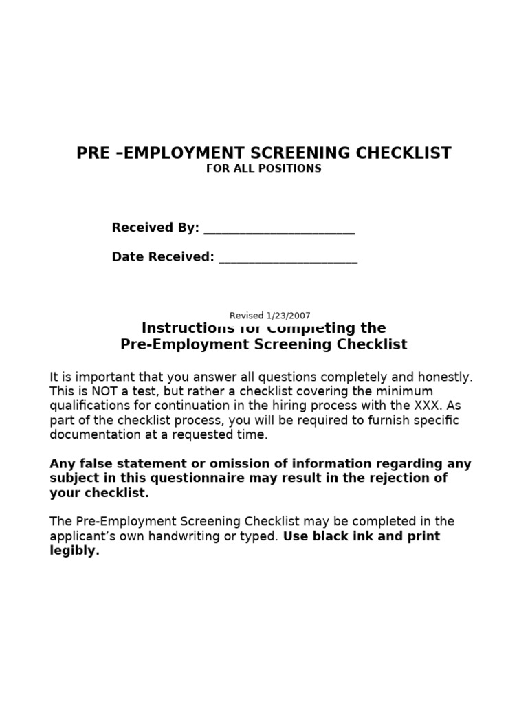 Pre Emp Screen Checklist 616 | PDF | Military Discharge | Probation