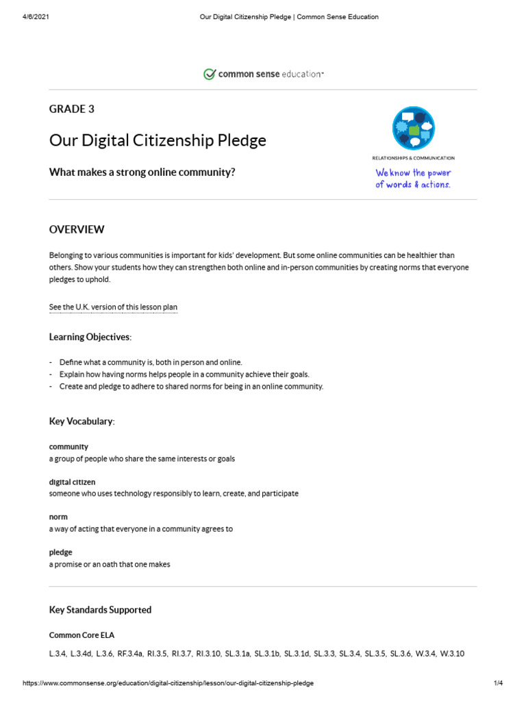Our Digital Citizenship Pledge - Common Sense Education | PDF ...