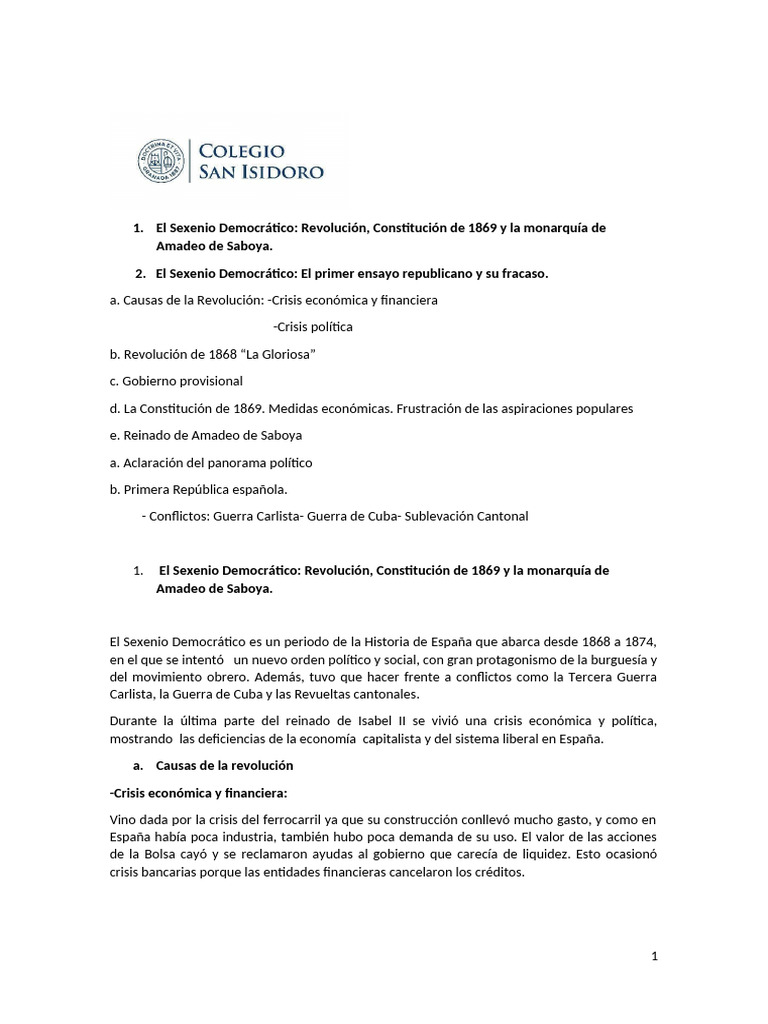 Tema El Sexenio Democrático 1ª y 2ª Parte | PDF | España | Gobierno de españa
