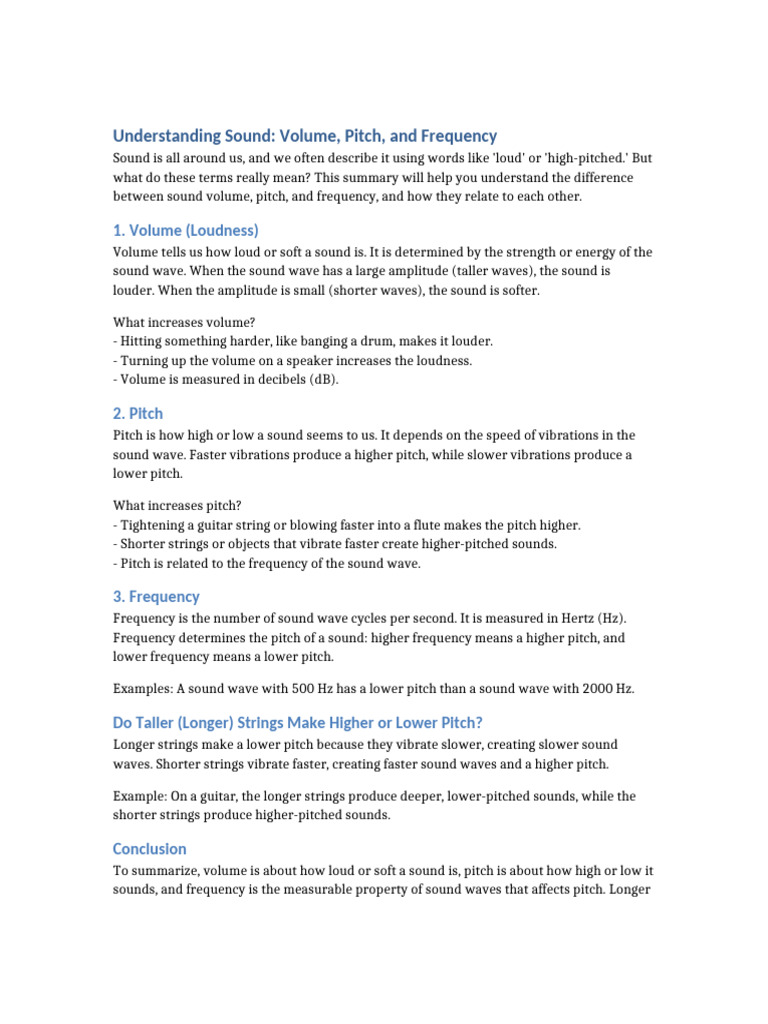 Sound Volume Pitch Frequency Summary | PDF