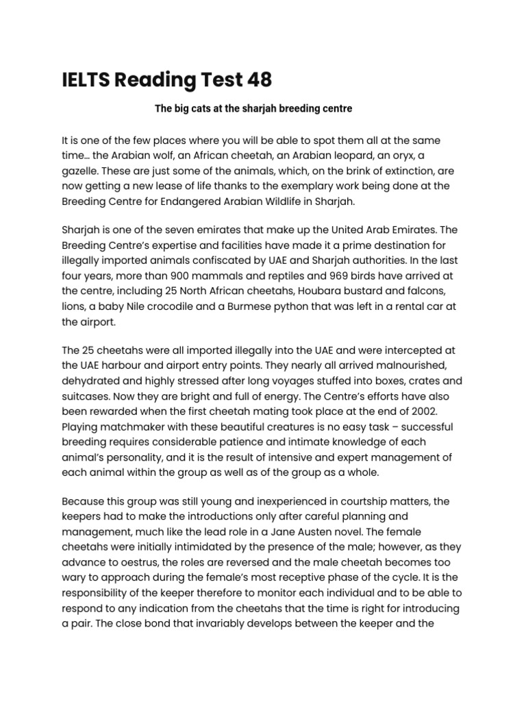 IELTS Reading - The Big Cats at The Sharjah Breeding Centre | PDF ...