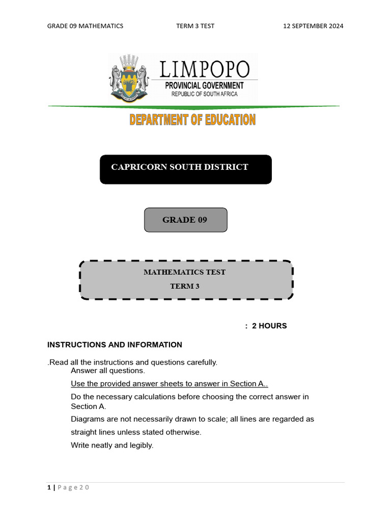 Grade 9 MAths Test 12 Sept 2024 | PDF | Line (Geometry) | Shape