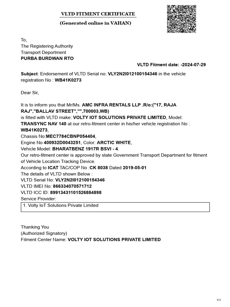 WB41K 0273 VLTD Vahan Fitment Certificate | PDF