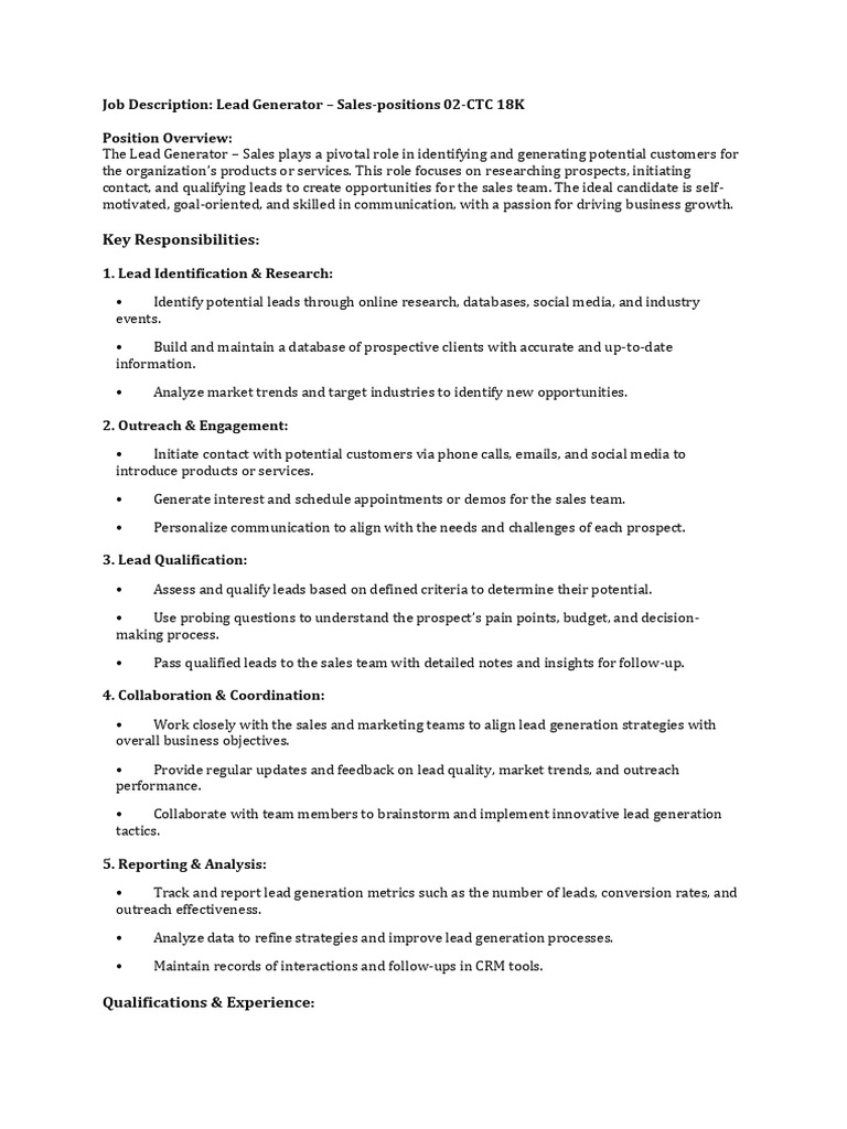 Lead Generator Job Description | PDF | Sales | Customer Relationship ...