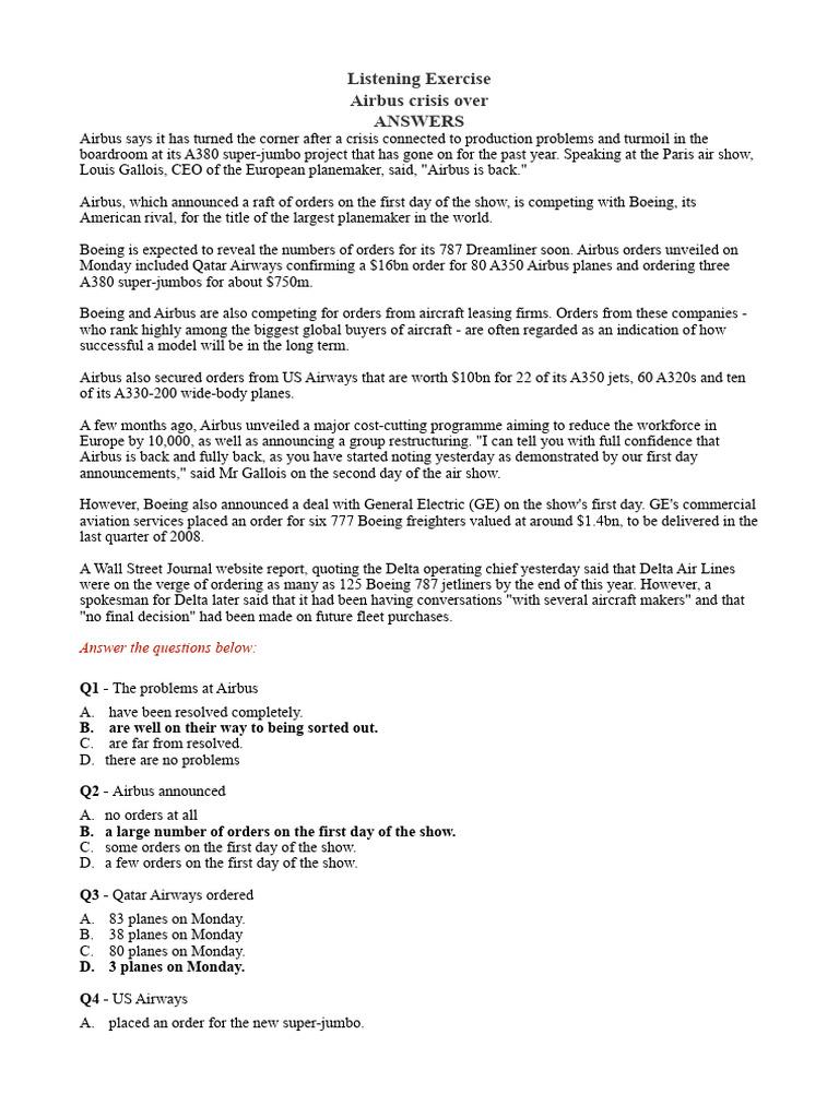 Reading - Airbus Crisis Over - With Answers | PDF | Airbus | Aircraft